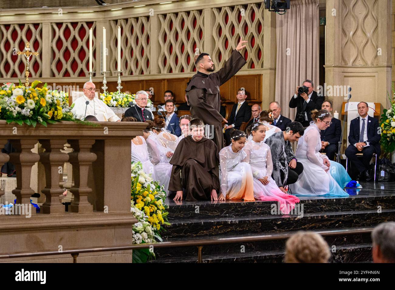 Pope Francis watching the performance of a theatrical dance about the ...