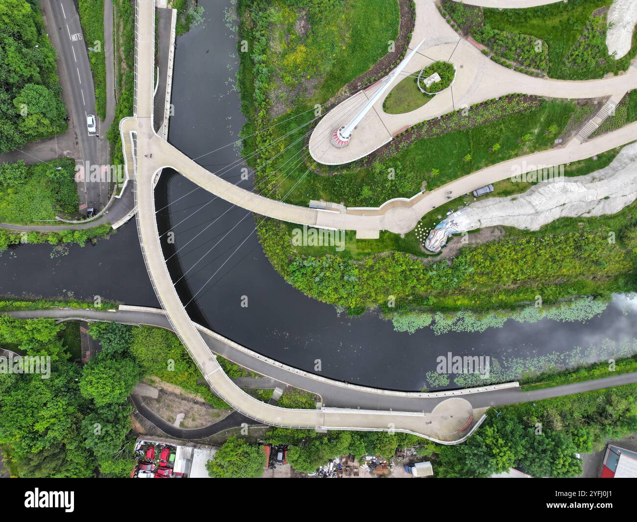 Aerial drone view of Stockingfield Bridge on the Forth and Clyde Canal ...
