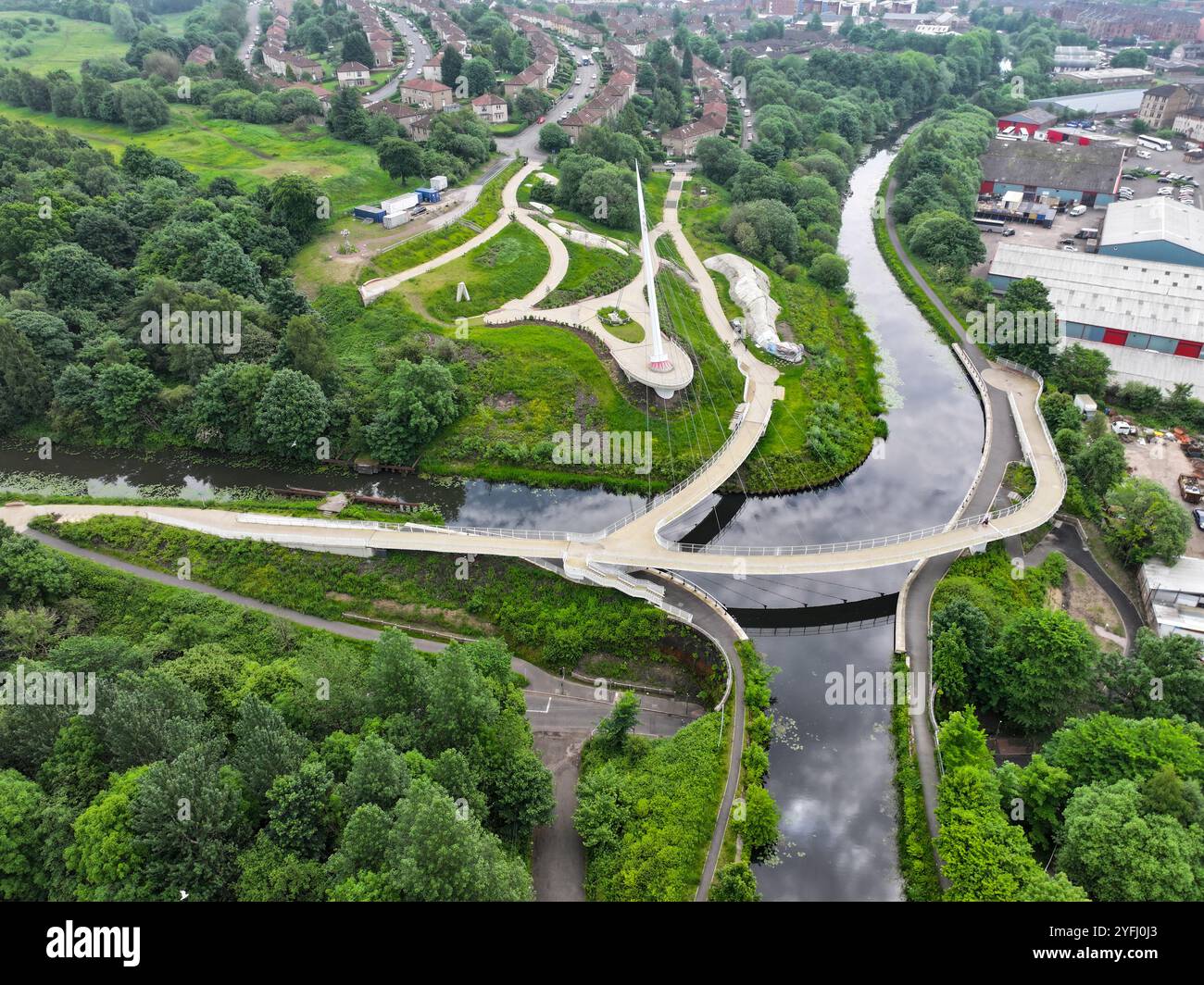 Aerial drone view of Stockingfield Bridge on the Forth and Clyde Canal ...