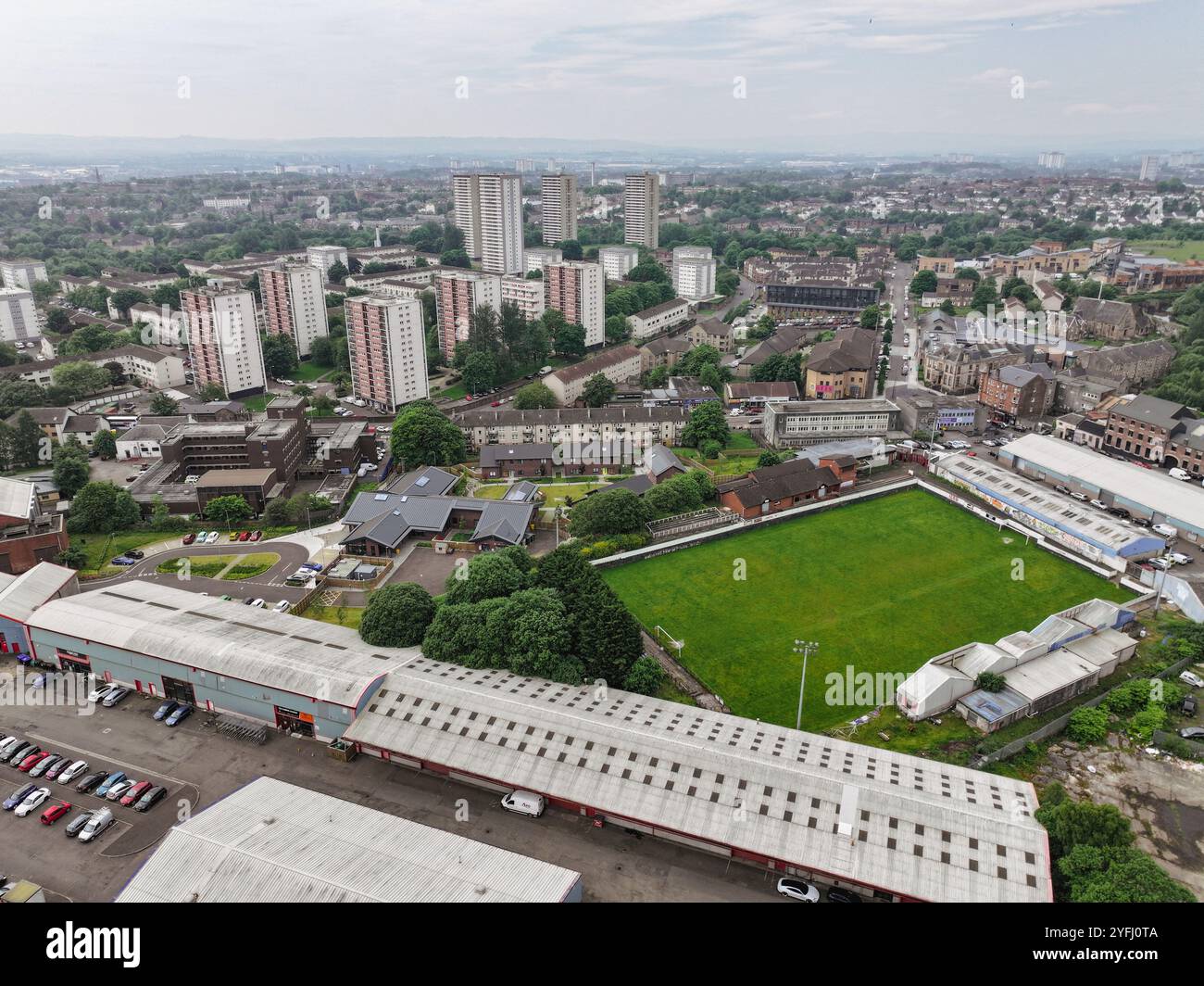 Aerial drone view of Maryhill FC football ground Glasgow Stock Photo ...
