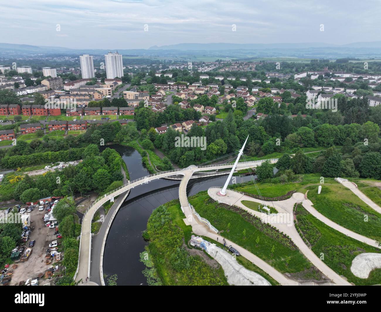 Aerial drone view of Stockingfield Bridge on the Forth and Clyde Canal ...