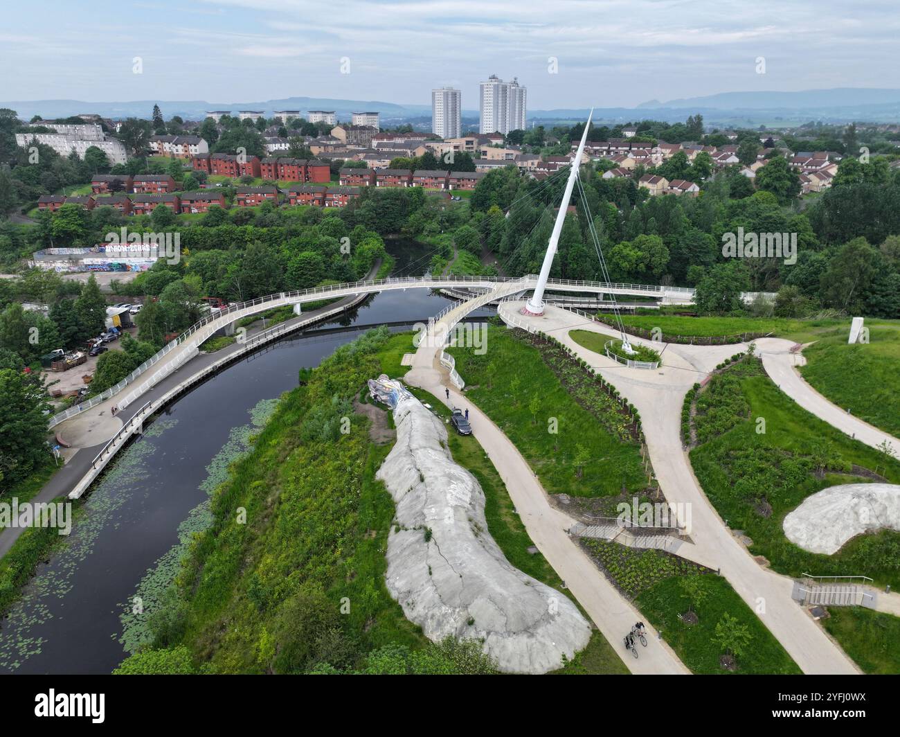 Aerial drone view of Stockingfield Bridge on the Forth and Clyde Canal ...