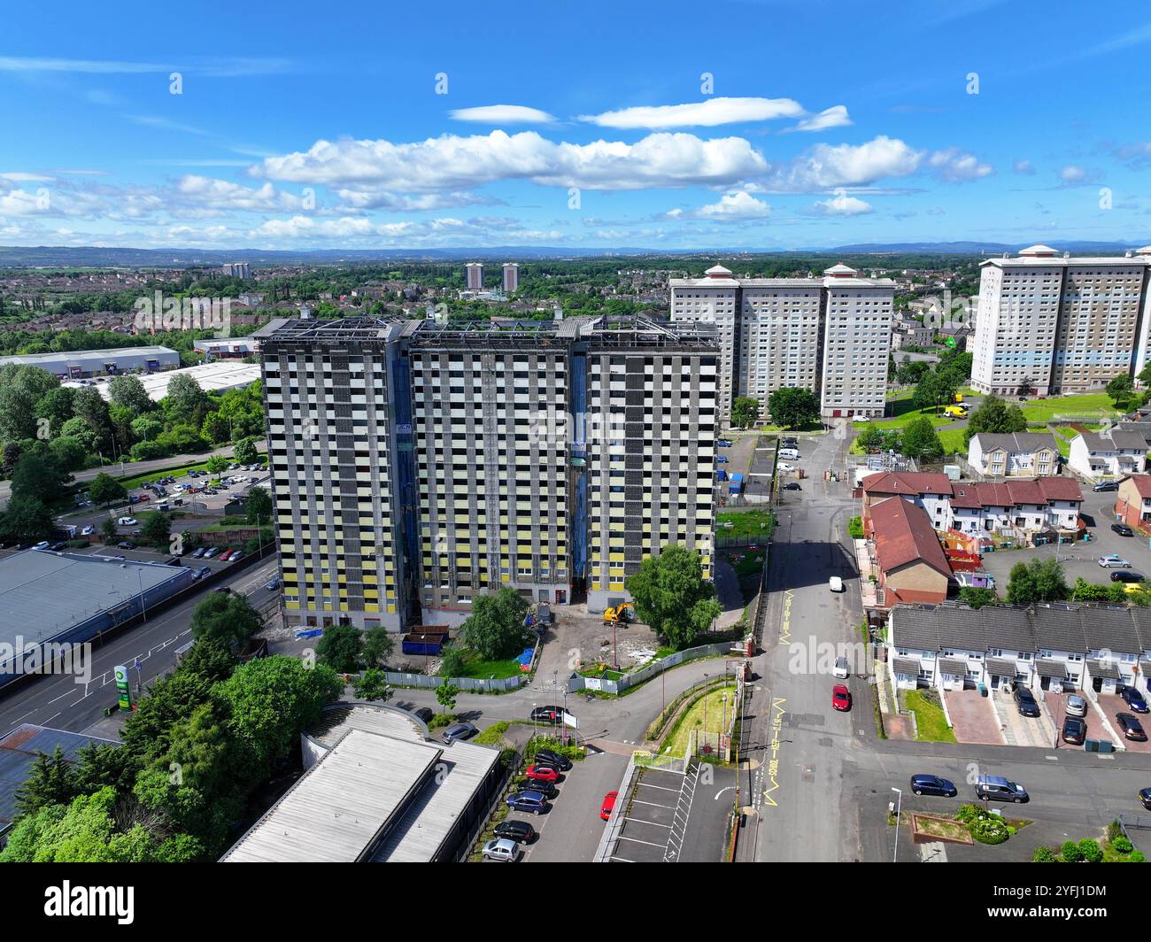 Aerial drone view of High Rise flats being prepared for demolition in ...