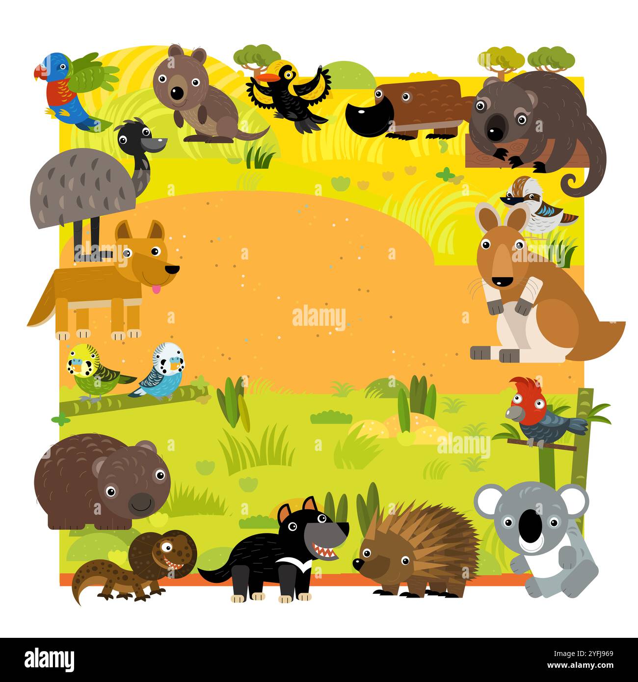 cartoon scene with frame border template with african animals and ...