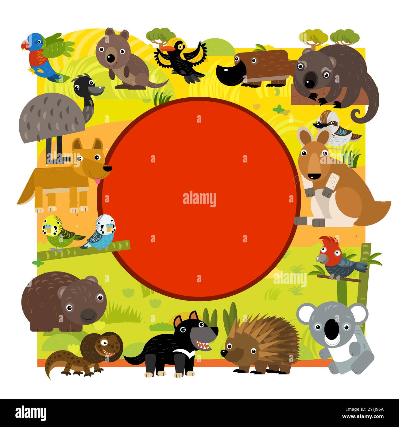 cartoon scene with frame border template with african animals and ...
