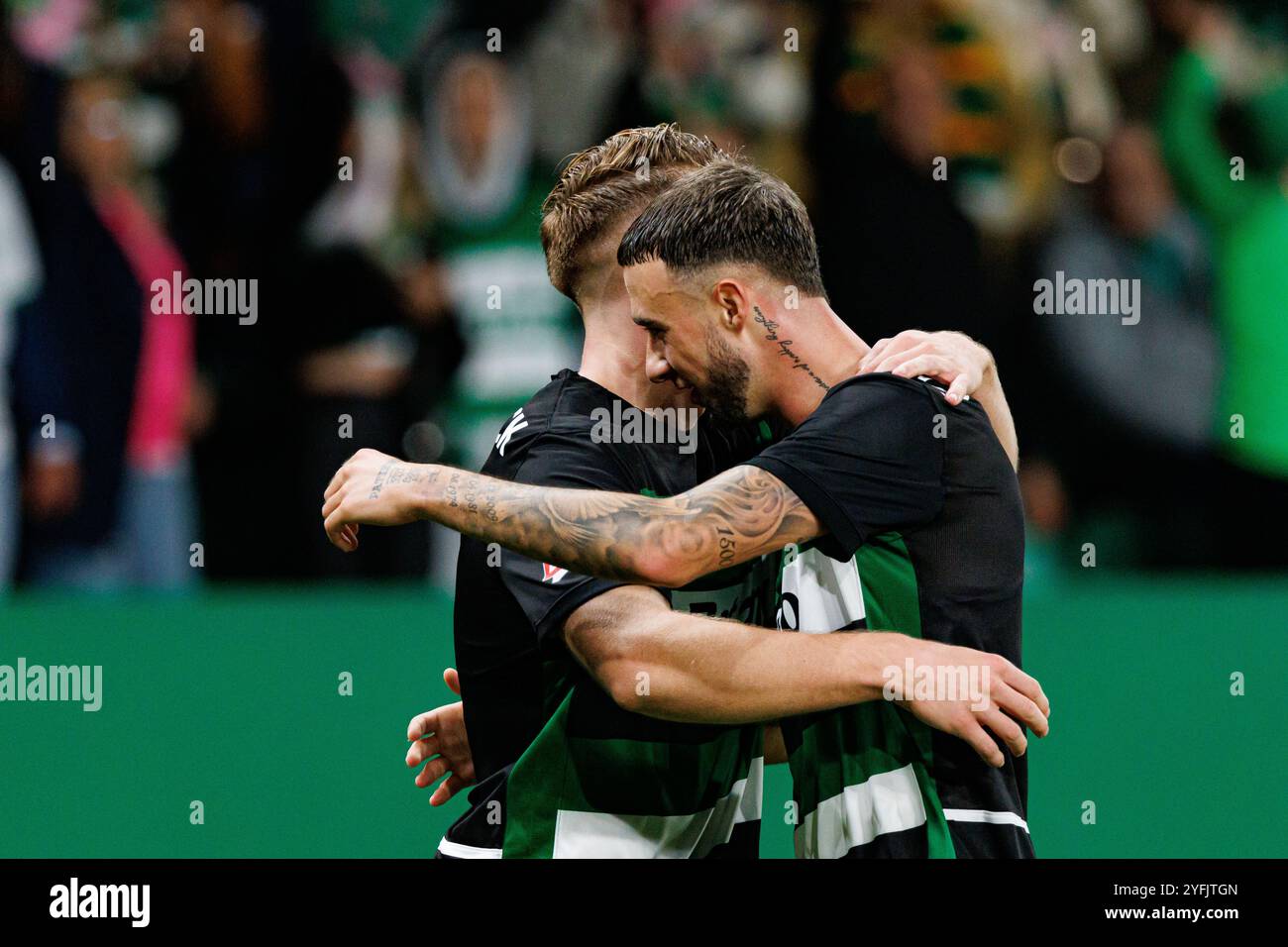 Viktor Gyokeres, Zeno Debast seen celebrating after scoring goal during ...