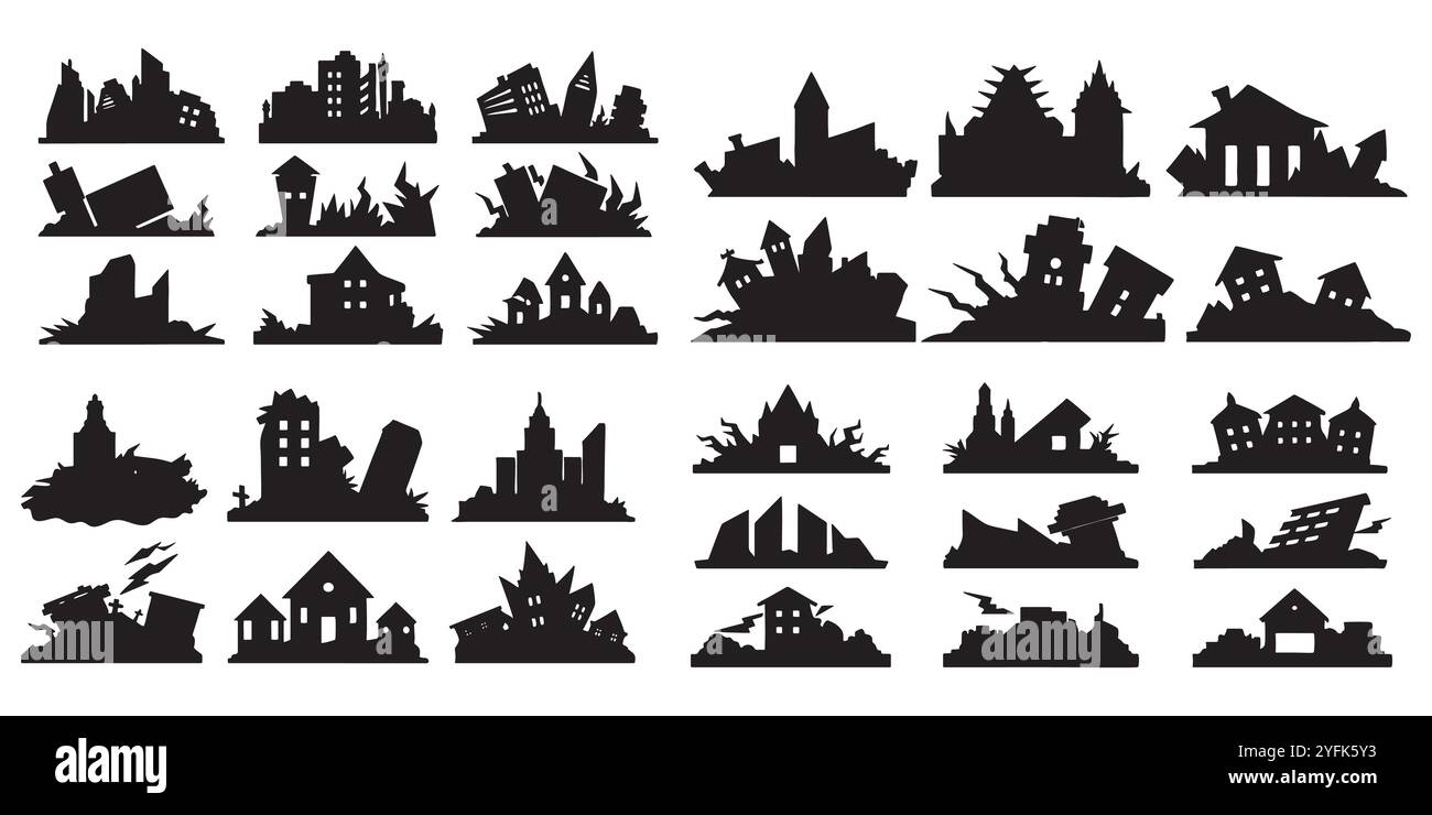 set of black silhouettes destroyed building Stock Vector Image & Art ...