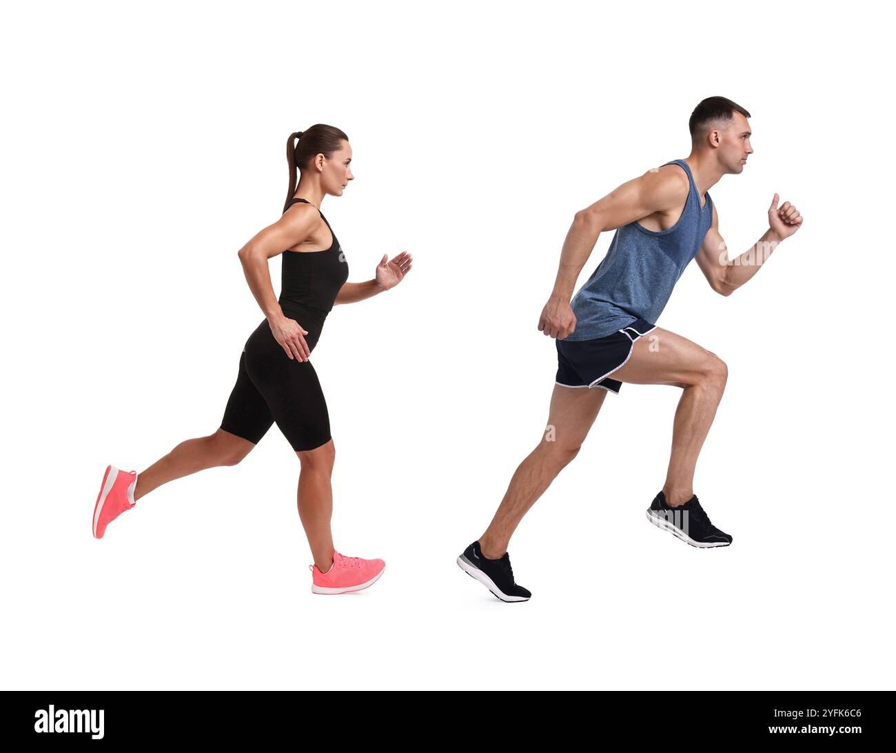 Athletic man and woman in sportswear running on white background Stock ...