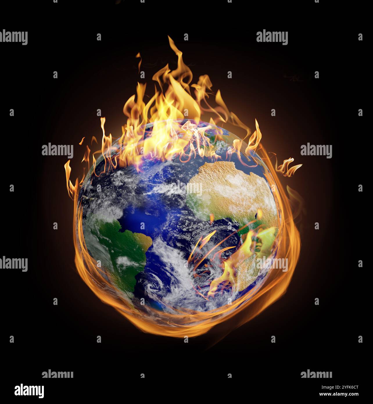 Planet Earth on fire against black background. Conceptual image for ...