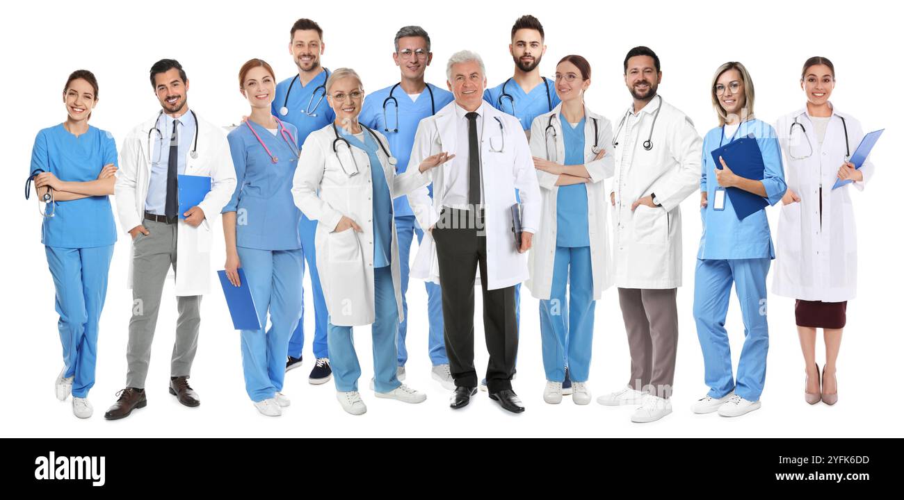Different healthcare workers in uniforms on white background Stock ...