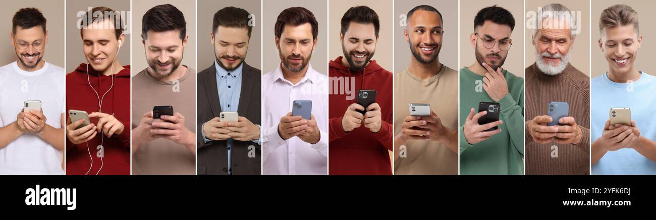 Different men with mobile phones on color background, collage. Modern ...