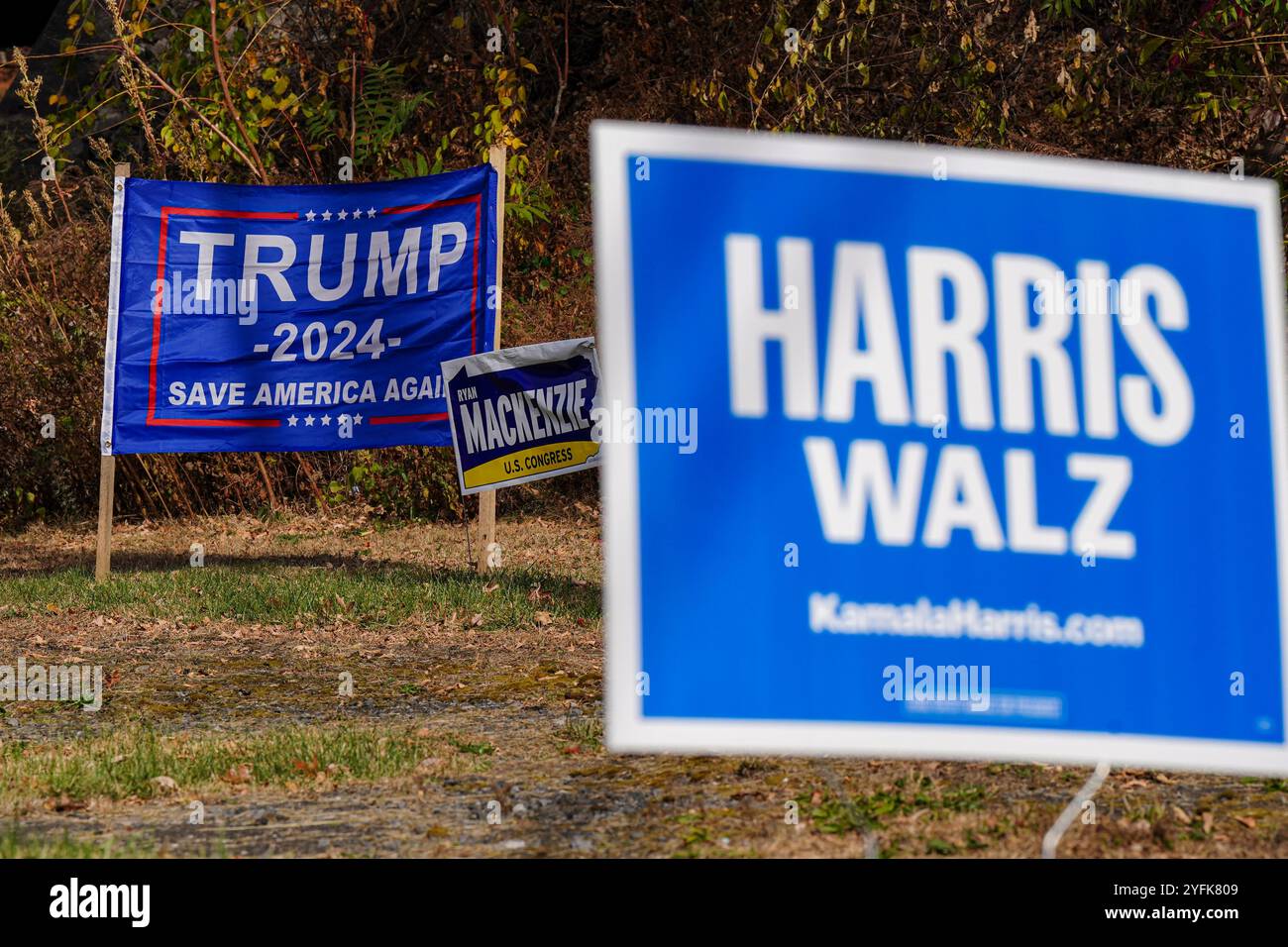 Trump and Harris-Walz campaign signs are seen Nov. 4, 2024, on Emmaus ...