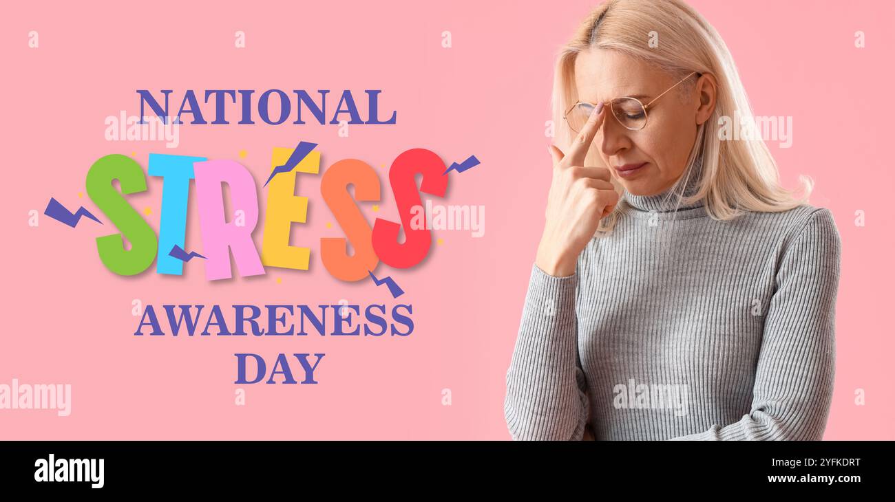 Banner for National Stress Awareness Day with sad mature woman Stock ...