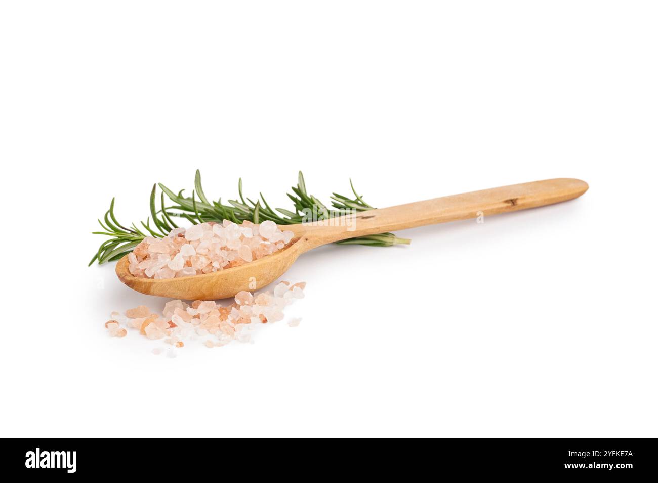 Wooden spoon with Himalayan pink salt and rosemary on white background ...