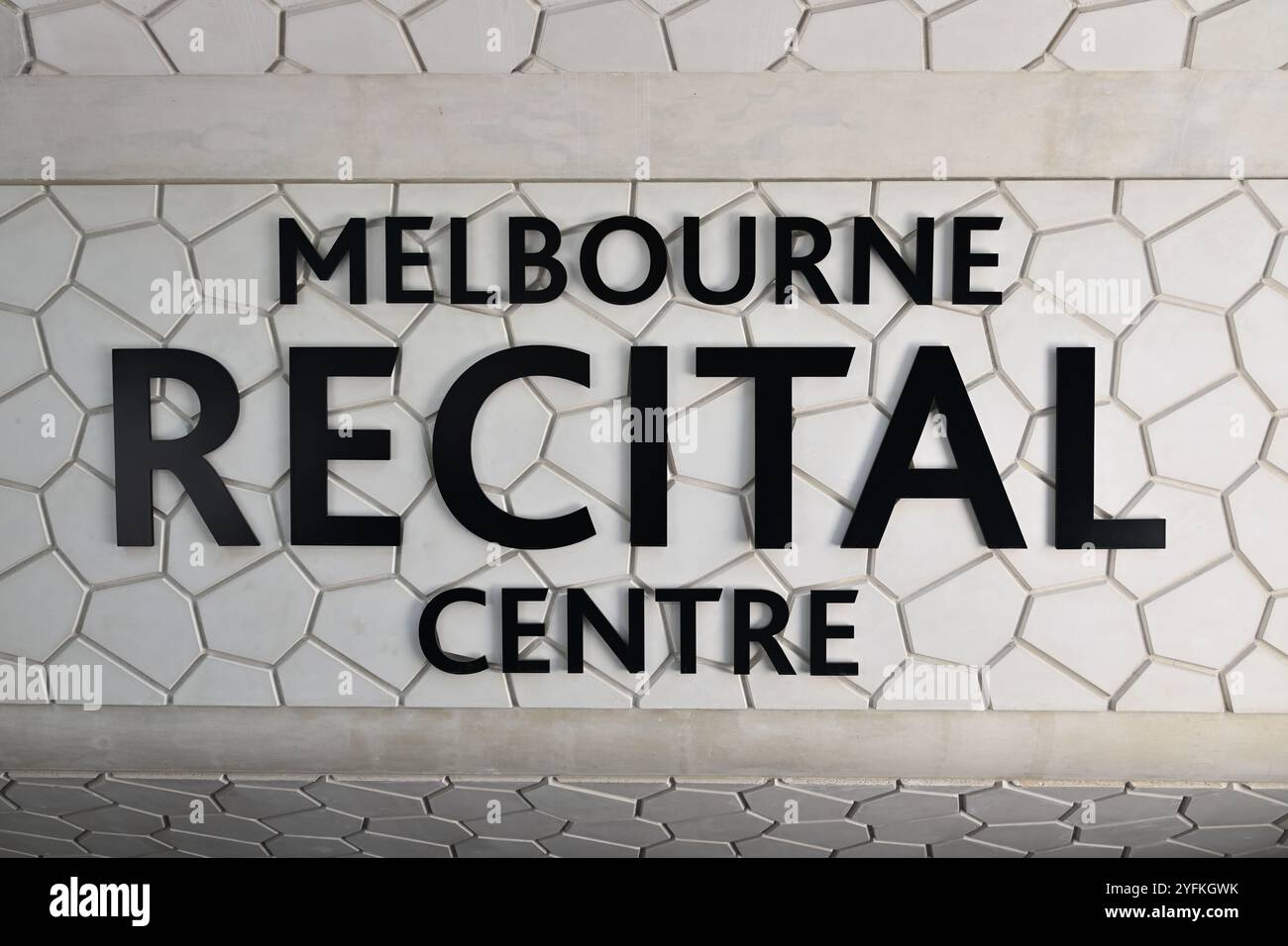 Black Melbourne Recital Centre signage on a light grey patterned wall ...