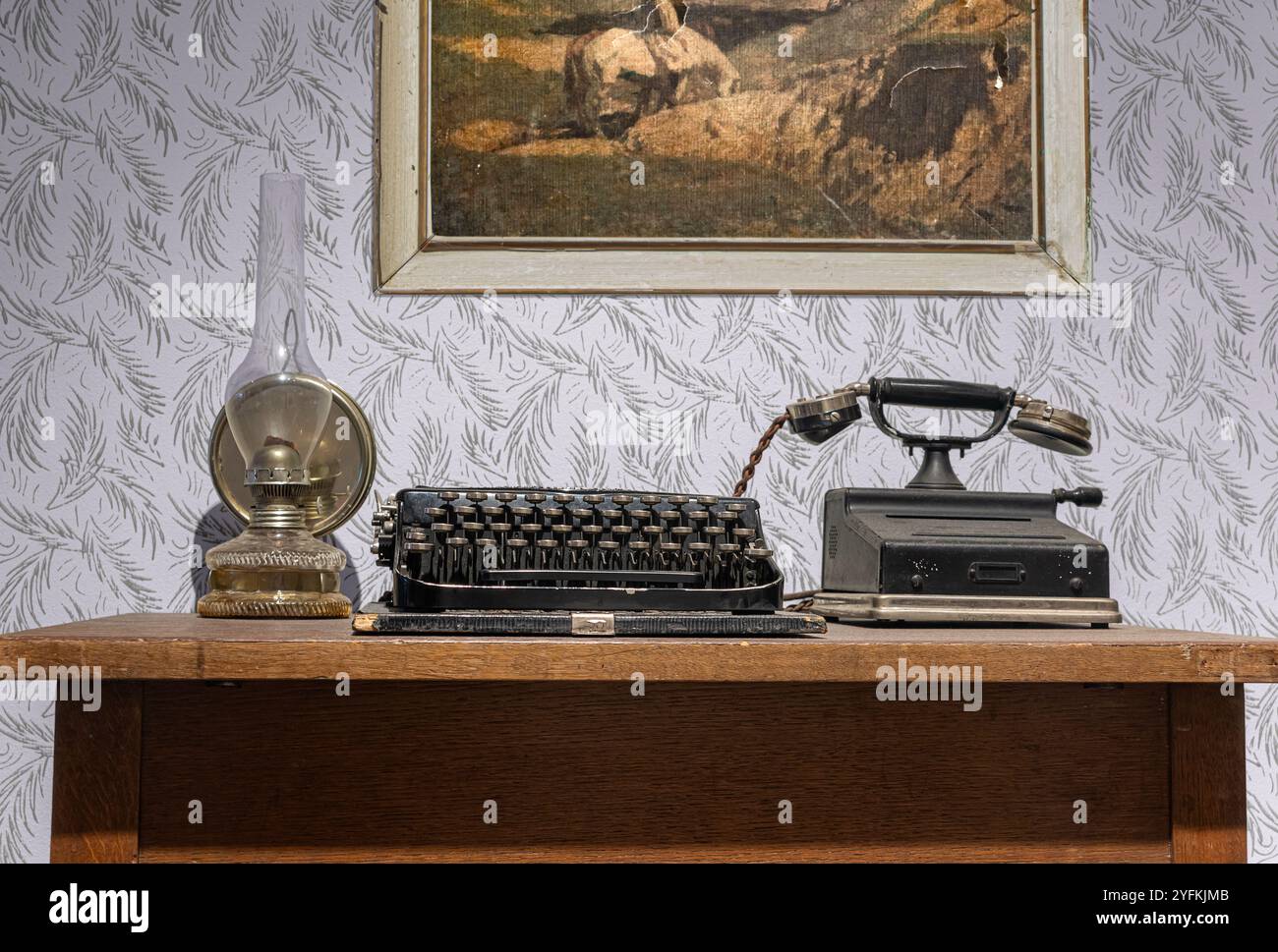 Old office desk with typewriter and telephone Stock Photo - Alamy