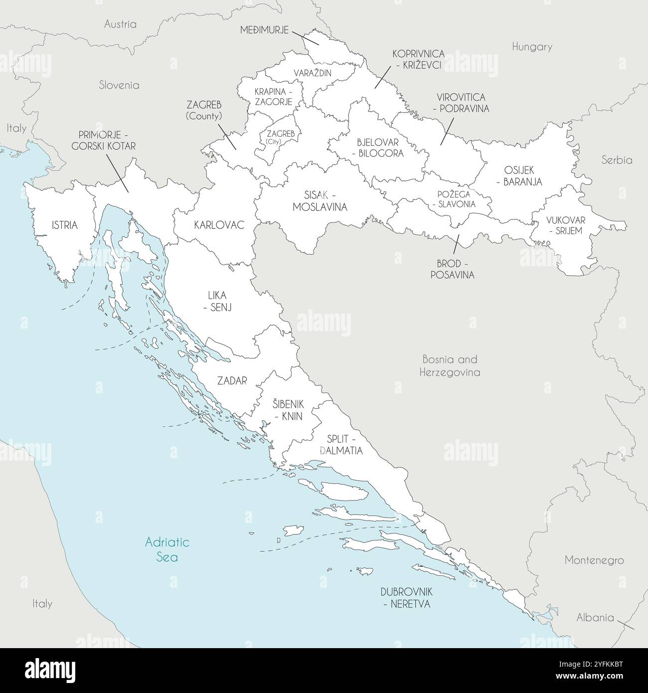 Vector regional map of Croatia with counties, capital city and ...