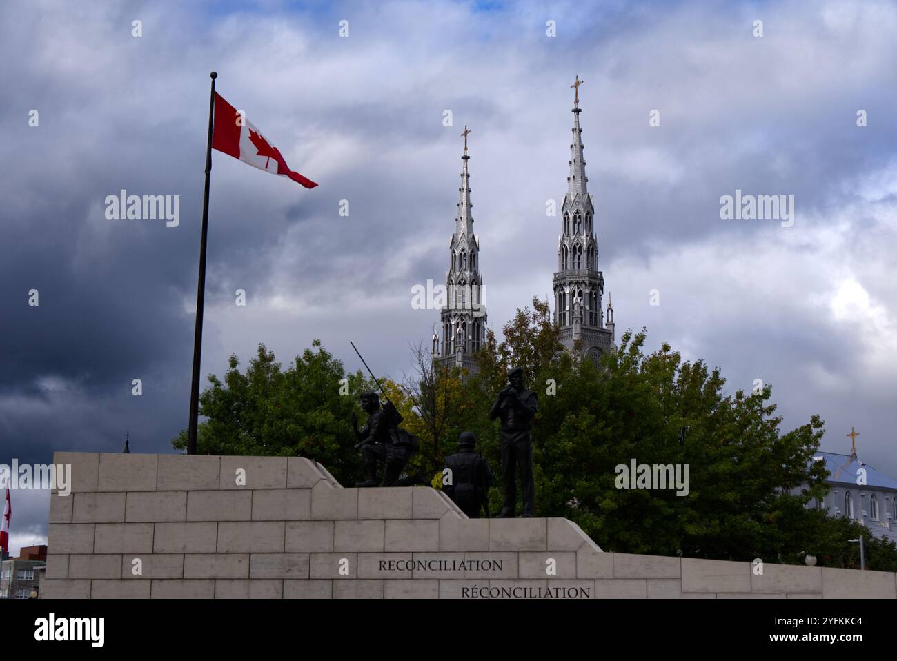 Ottawa - Notre Dame Spires behind Reconciliation Monument Stock Photo ...