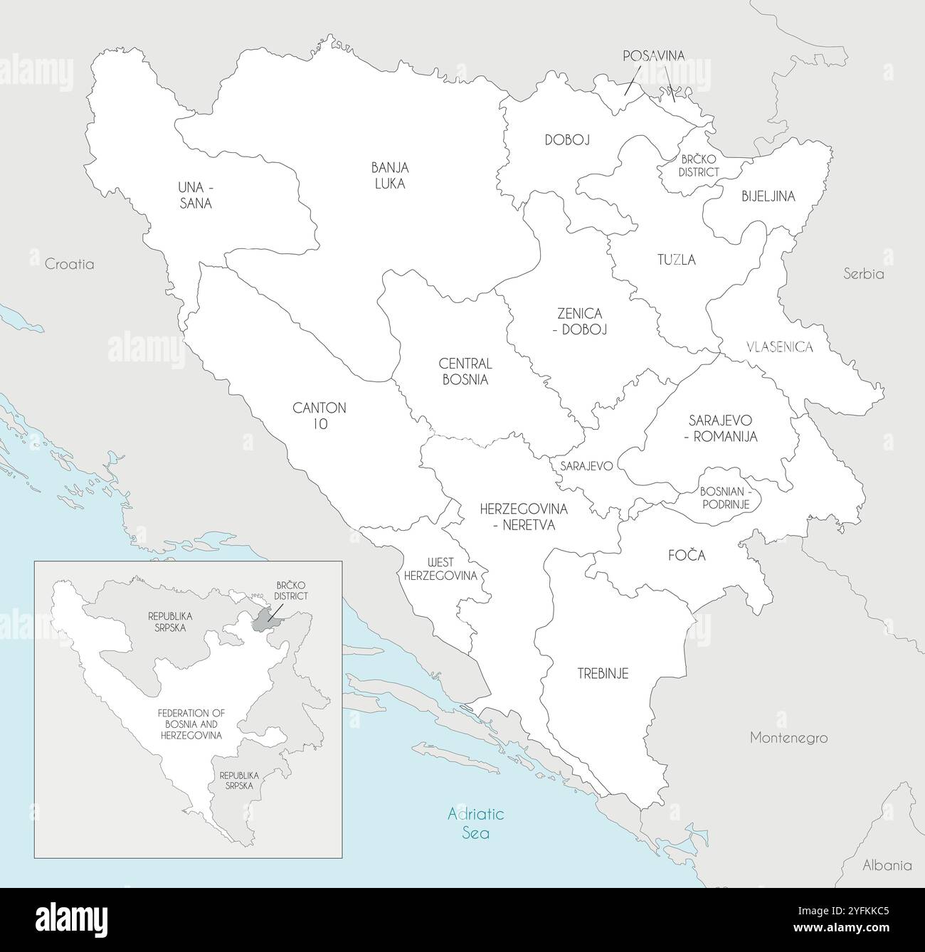 Vector map of Bosnia and Herzegovina with entities, cantons, regions ...