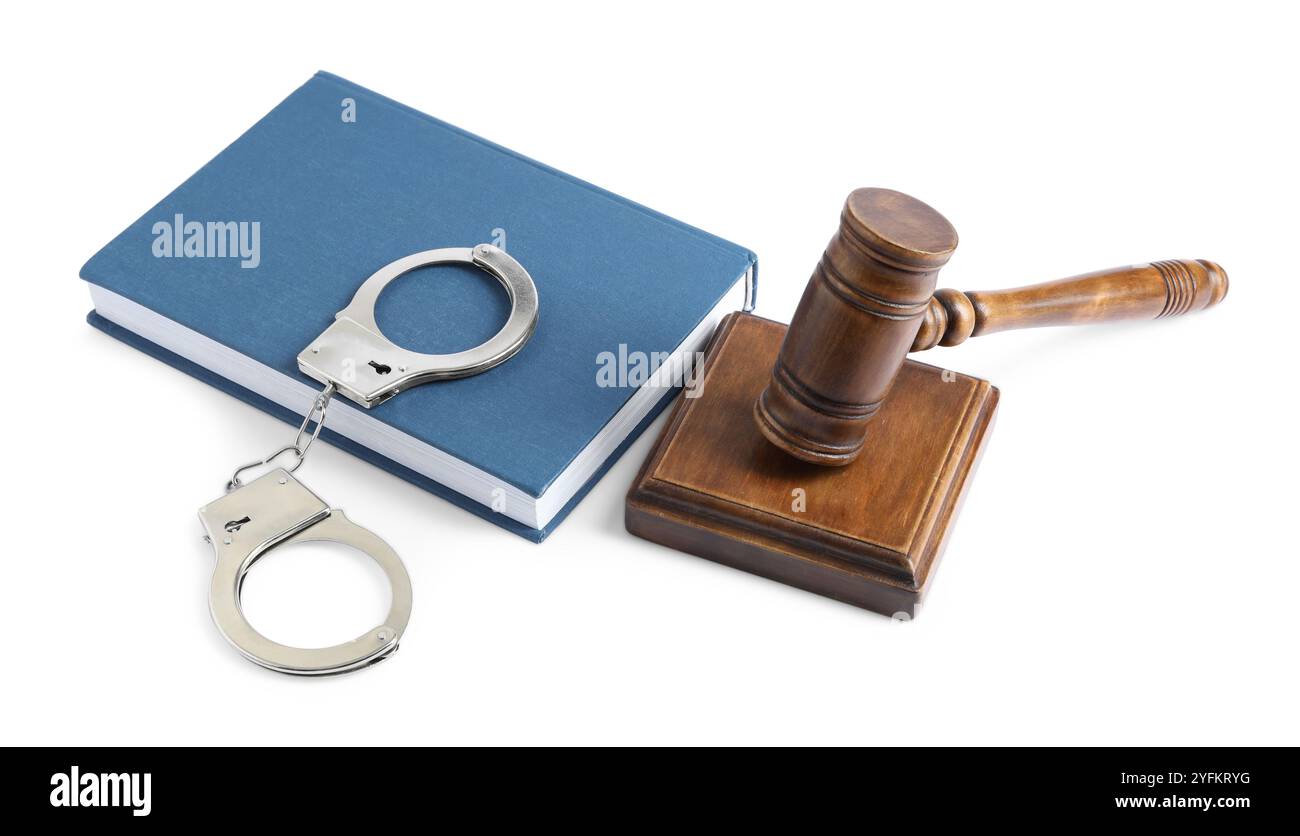 Handcuffs, judge's gavel and book isolated on white Stock Photo - Alamy