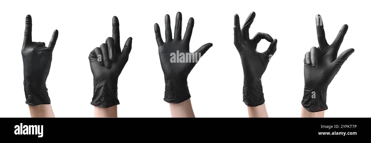 Hands in black gloves showing different gestures isolated on white ...