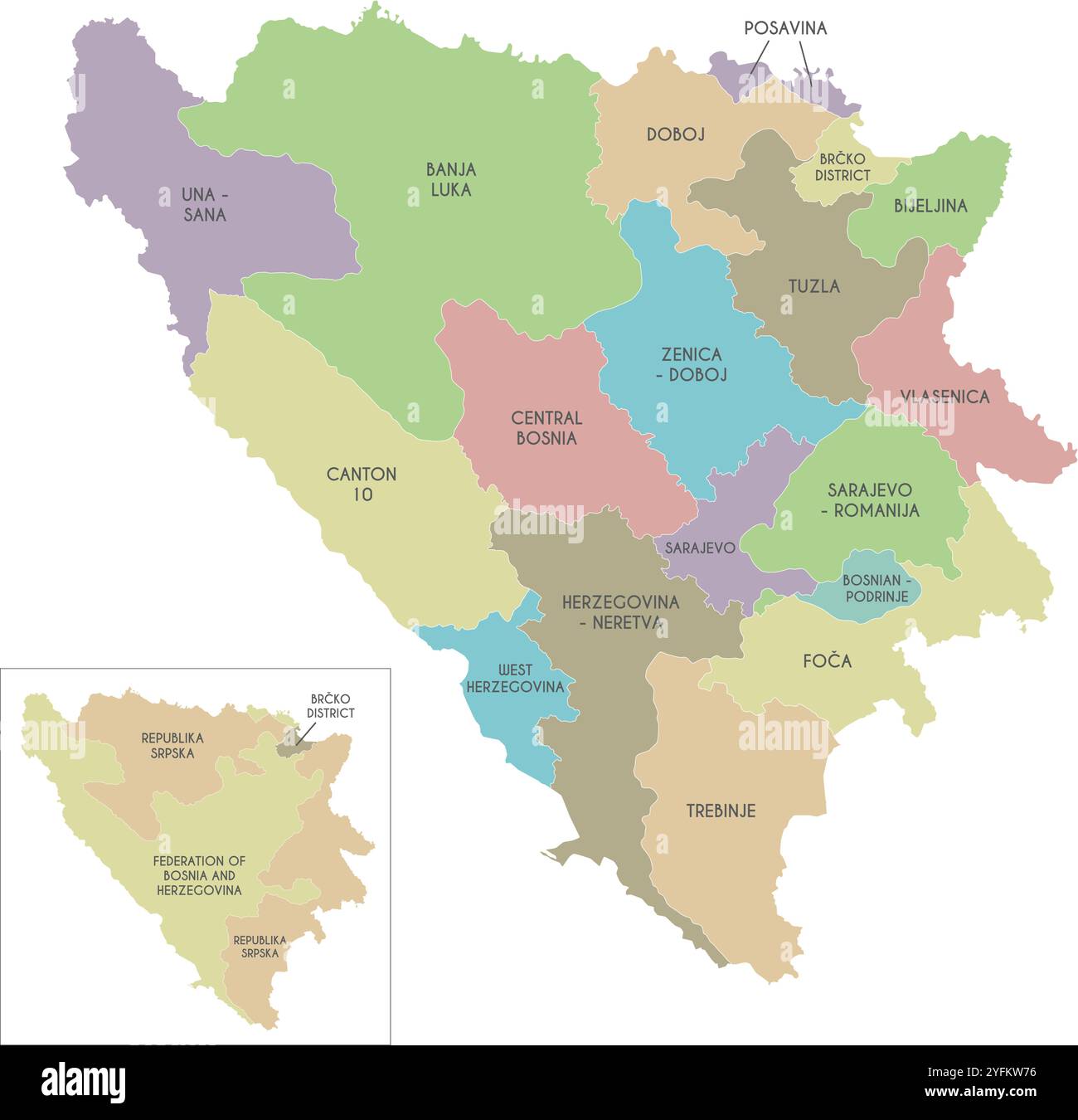 Vector map of Bosnia and Herzegovina with entities, cantons, regions ...