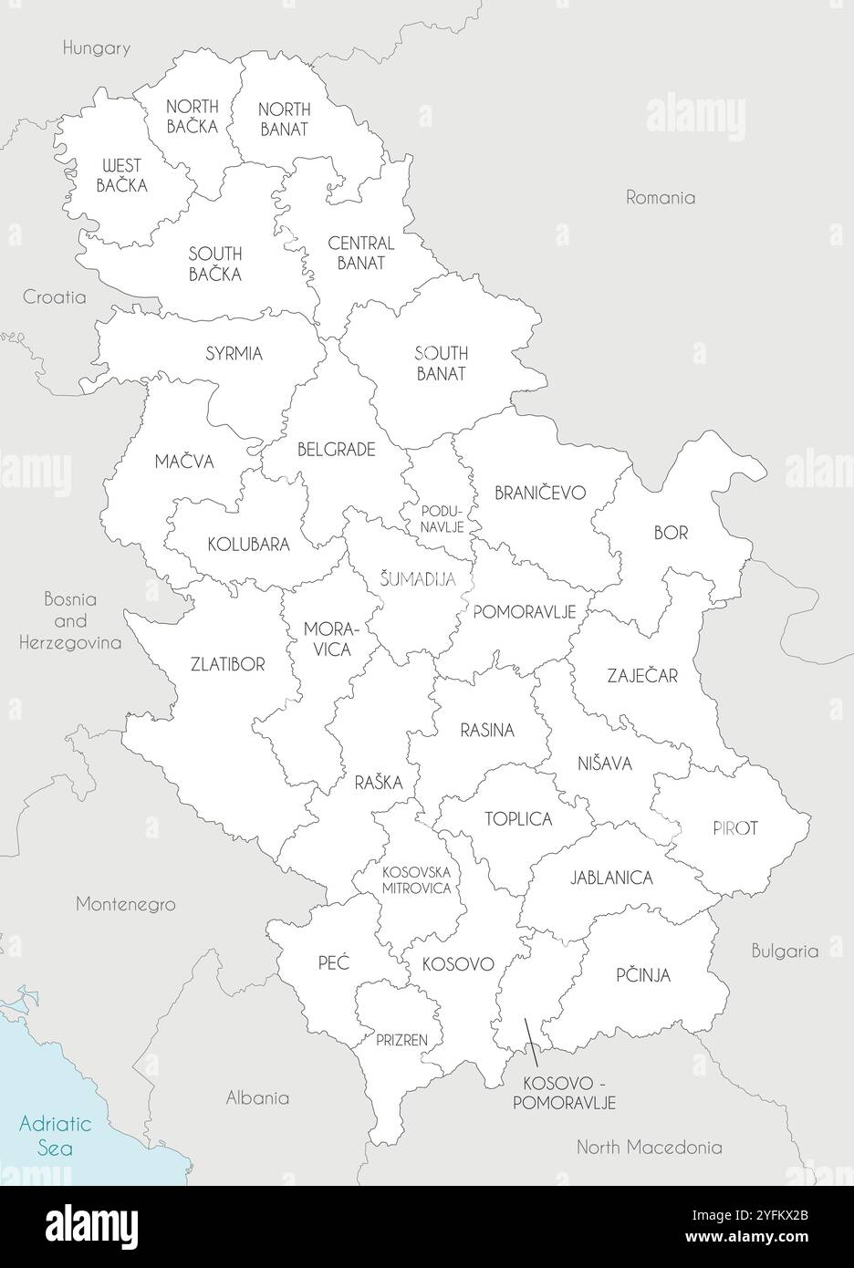 Vector regional map of Serbia with districts and administrative ...