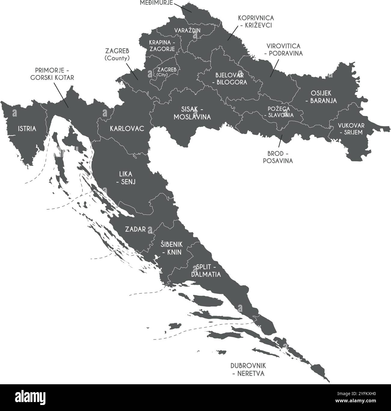 Vector regional map of Croatia with counties, capital city and ...