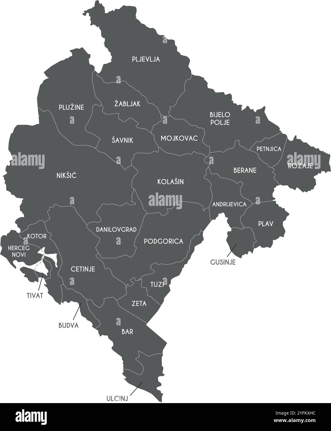 Vector regional map of Montenegro with municipalities and administrative divisions. Editable and ...