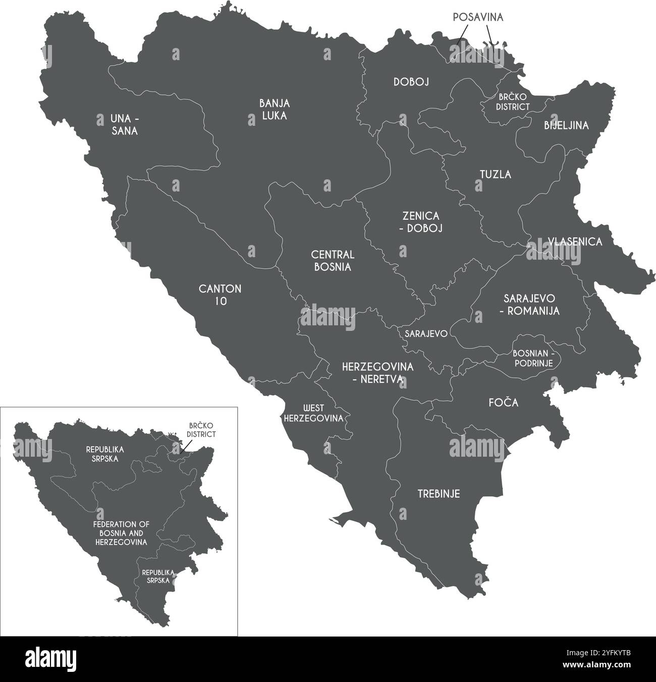 Vector map of Bosnia and Herzegovina with entities, cantons, regions ...