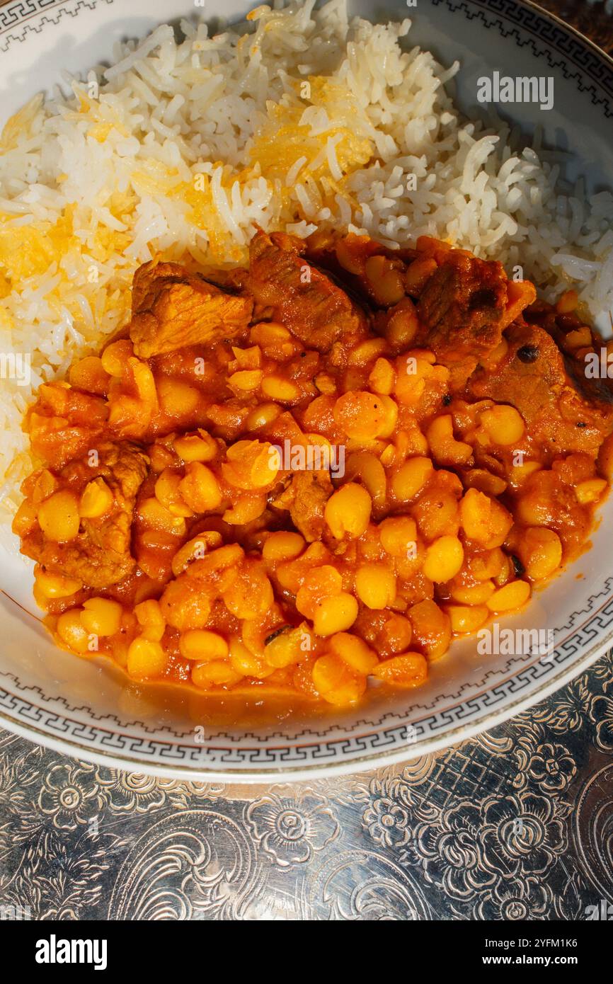 serving of Khoresh Gheymeh, Persian yellow split pea and beef stew with ...