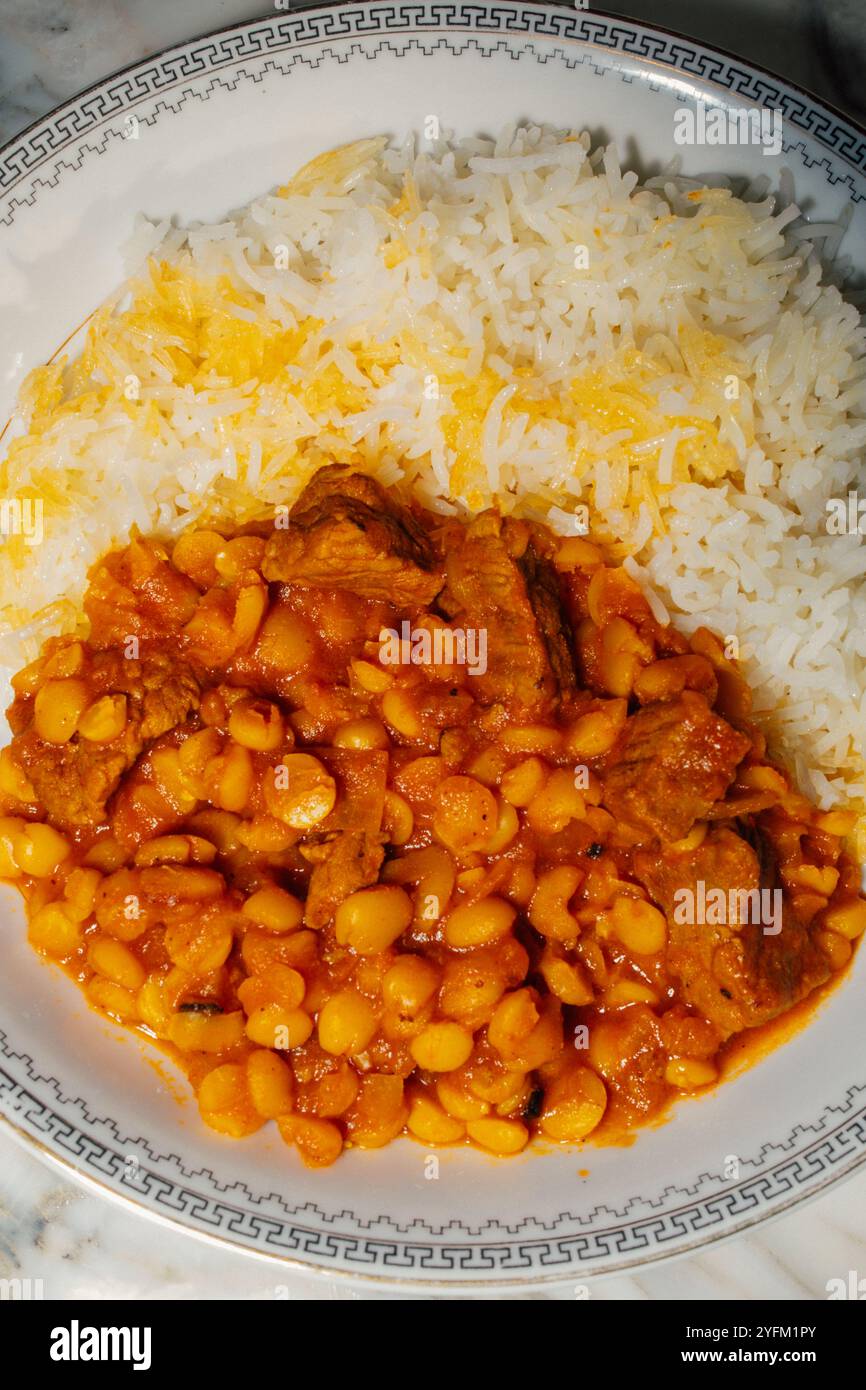 serving of Khoresh Gheymeh, Persian yellow split pea and beef stew with ...