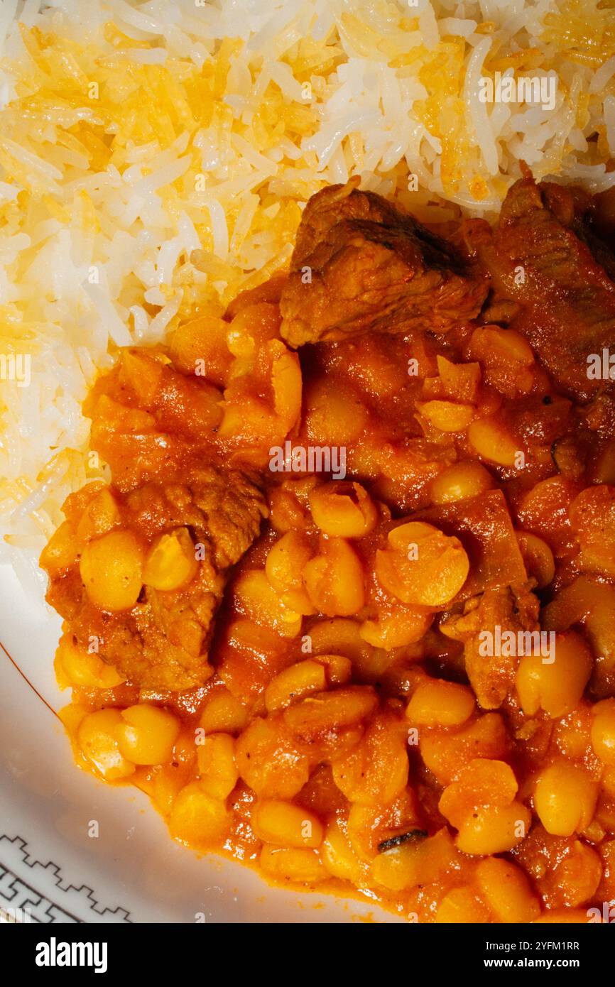 serving of Khoresh Gheymeh, Persian yellow split pea and beef stew with ...