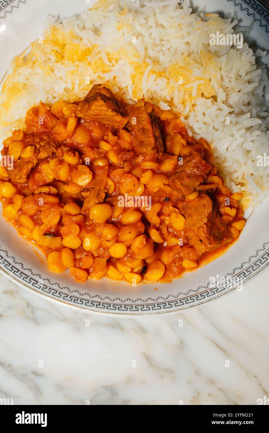 serving of Khoresh Gheymeh, Persian yellow split pea and beef stew with ...