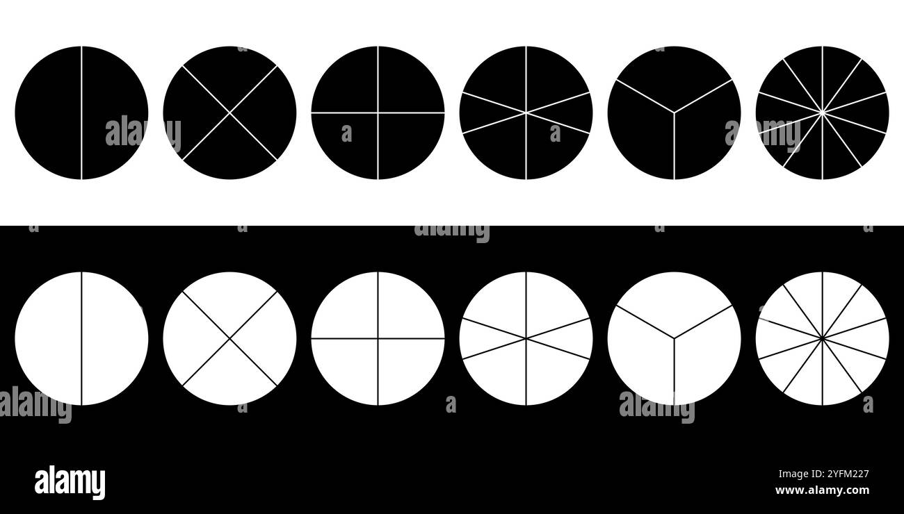 Circles divided in segments. Different numbers equal parts of the ...