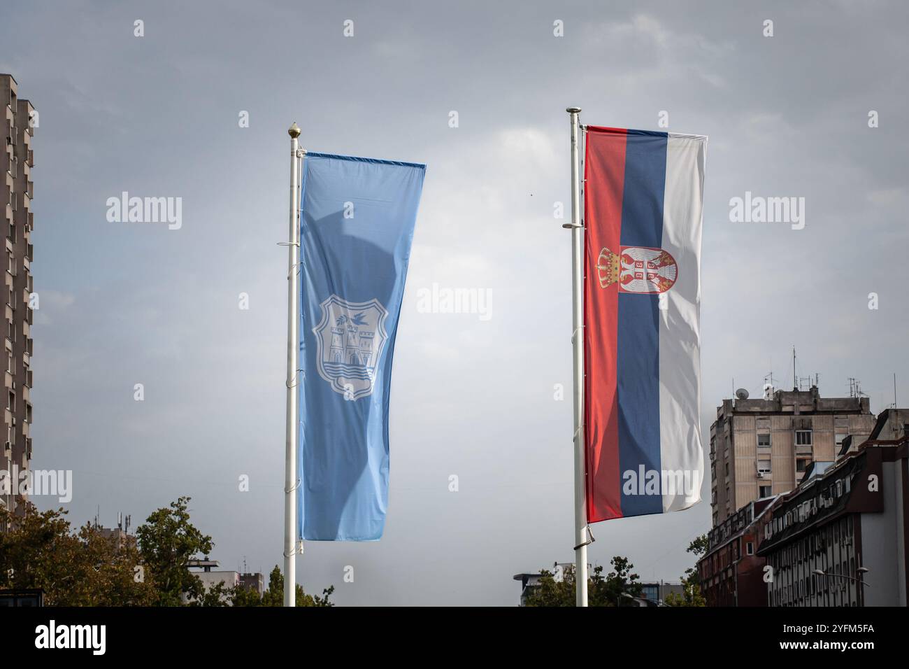 The flag of Novi Sad stands alongside the Serbian national flag in Novi ...