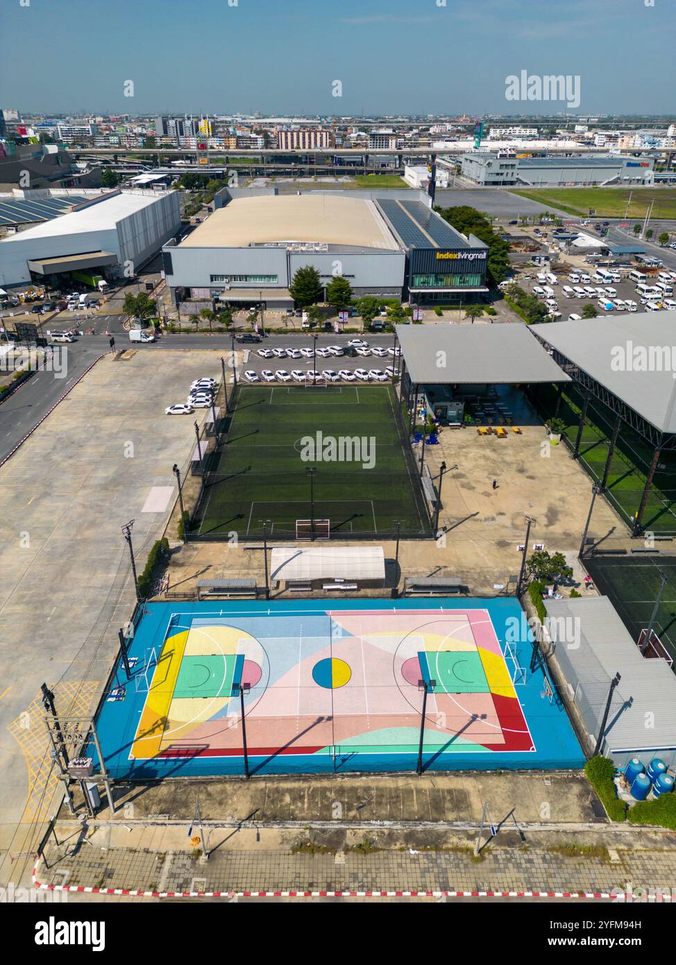 Bangkok, Thailand - October 31, 2024: Drone aerial view of an outdoor multi purpose court at ...