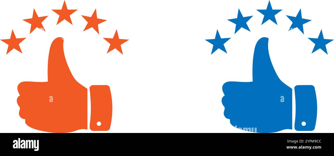 Customer review rating with 5 stars and thumb up feedback. Five star rating badge, review rating ...