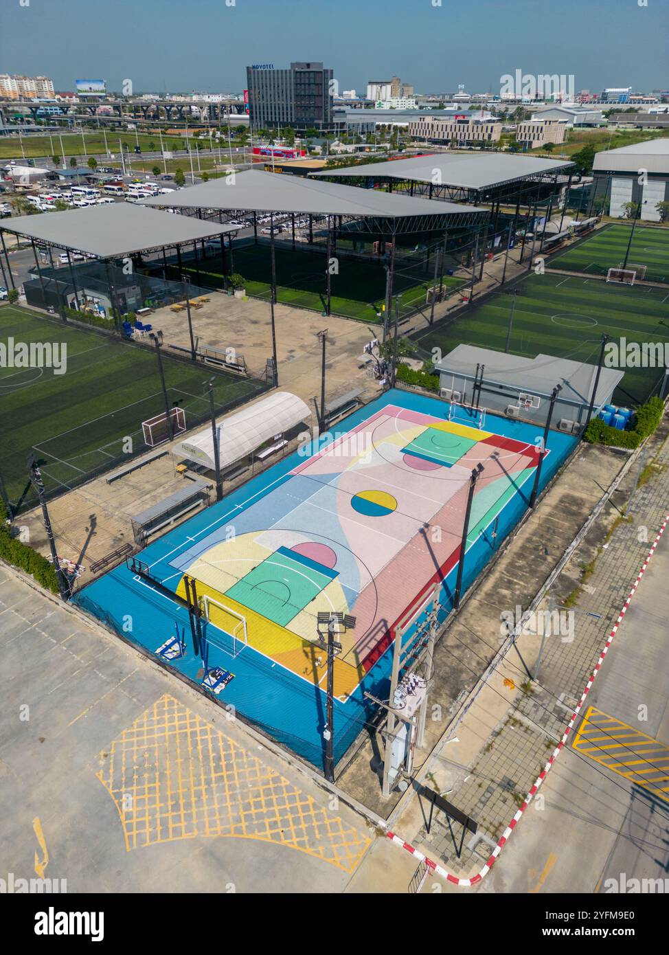 Bangkok, Thailand - October 31, 2024: Drone aerial view of an outdoor multi purpose court at ...