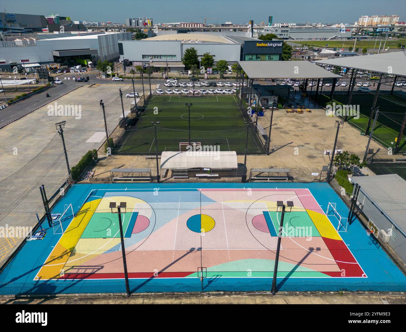 Bangkok, Thailand - October 31, 2024: Drone aerial view of an outdoor multi purpose court at ...