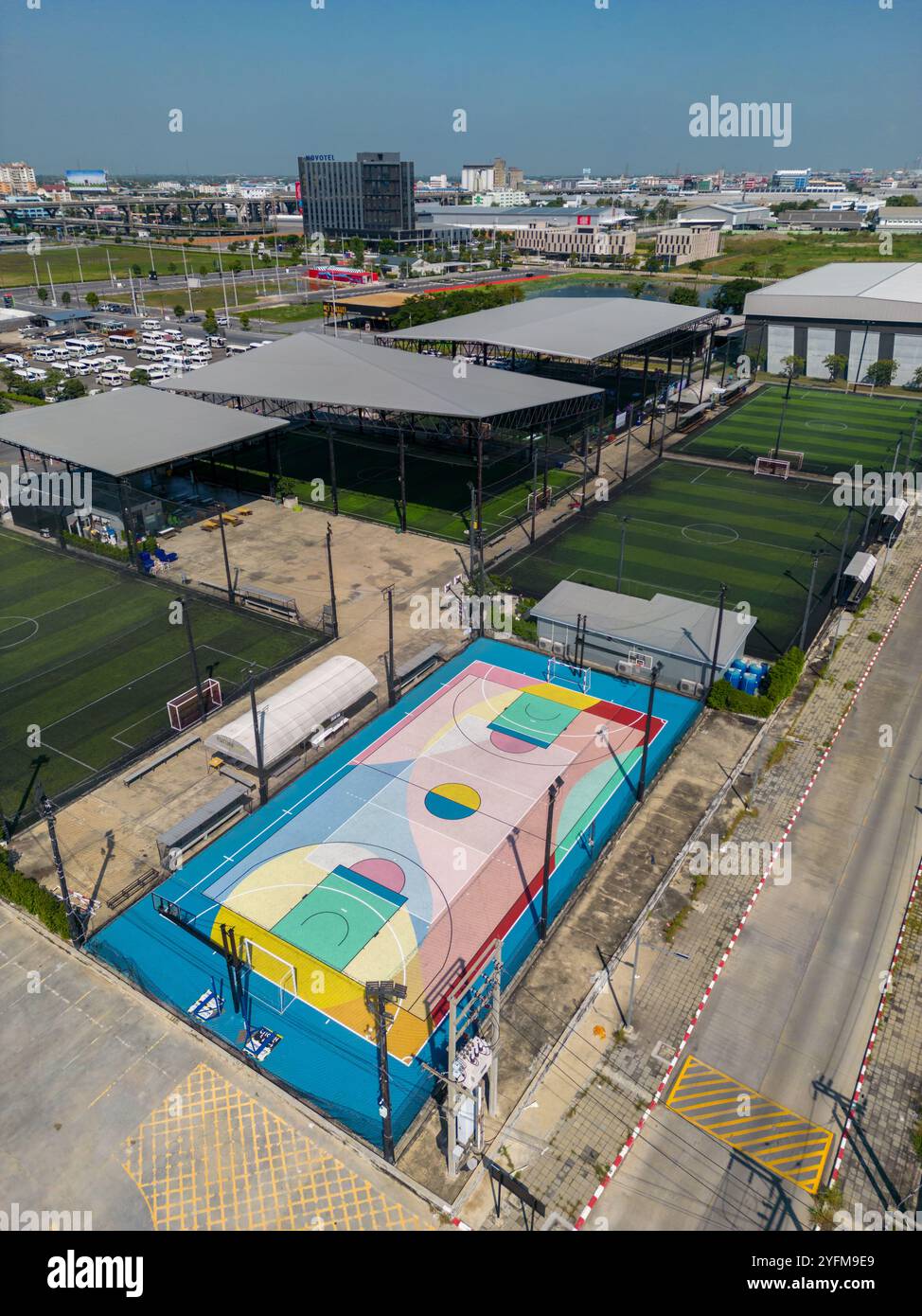 Bangkok, Thailand - October 31, 2024: Drone aerial view of an outdoor multi purpose court at ...