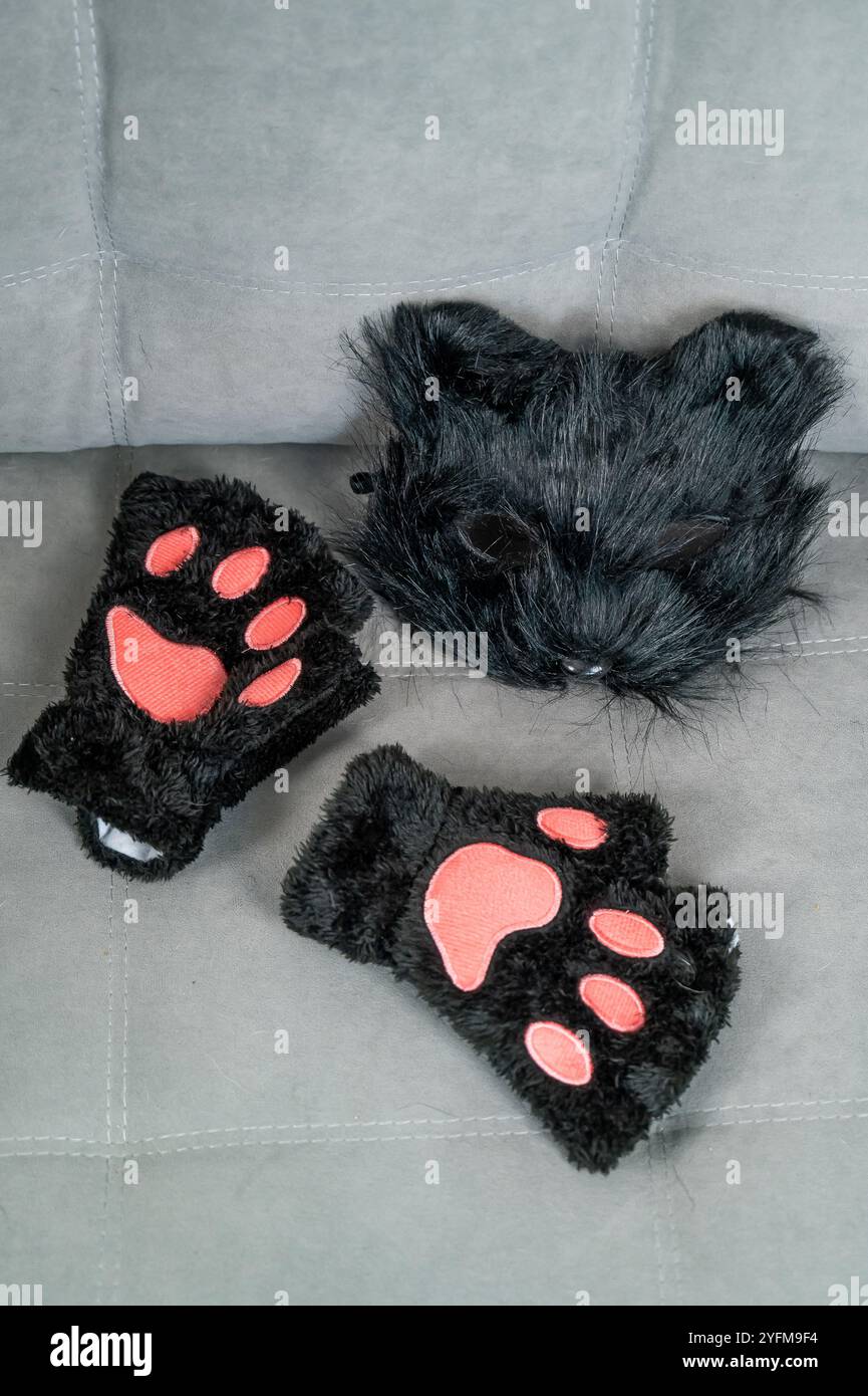 Cat costume on a gray sofa. Quadrober Stock Photo - Alamy