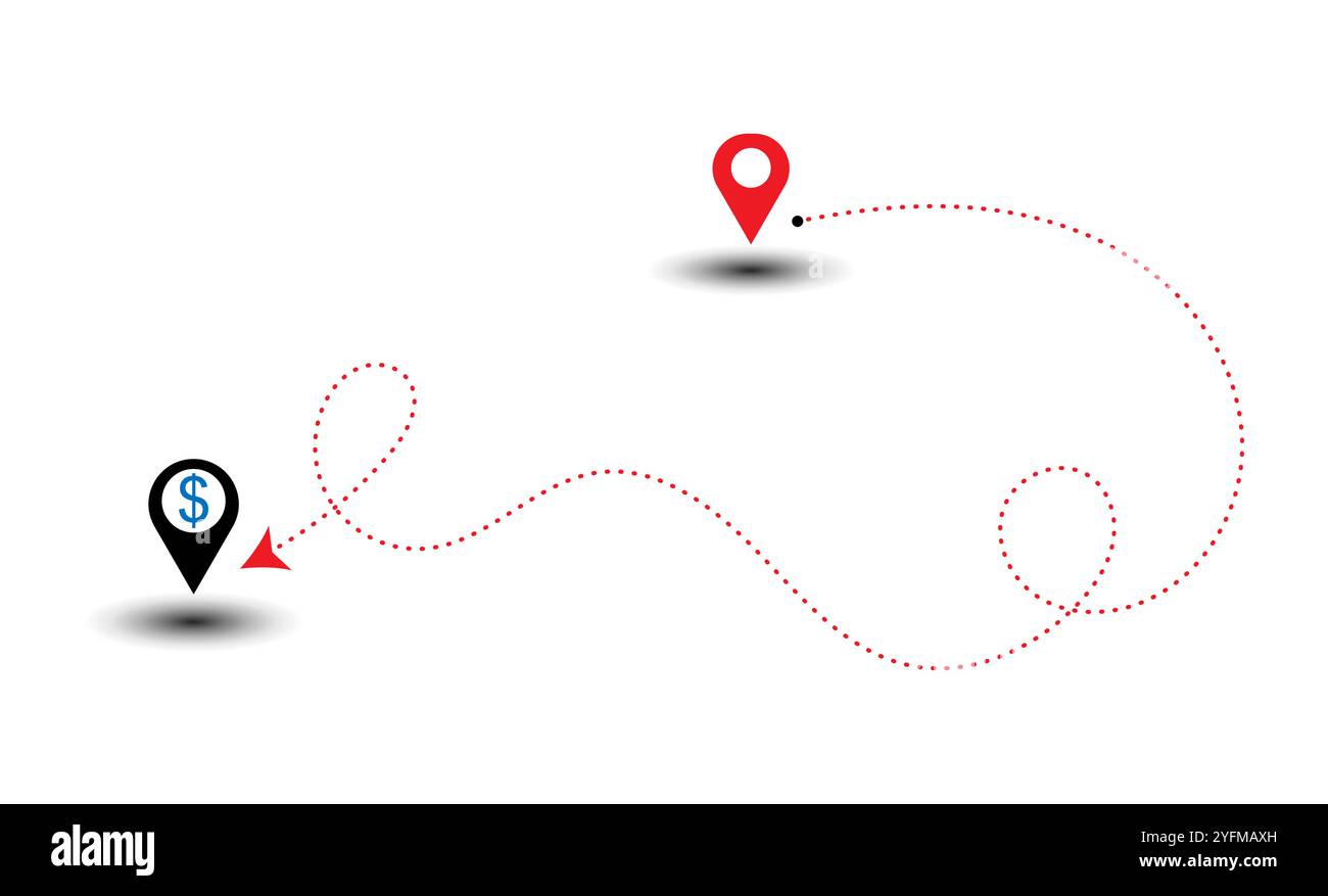 Winding dotted line path leading to a destination marked by a dollar ...