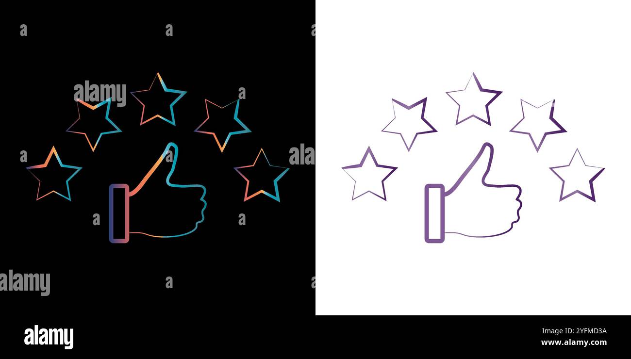 Customer review rating with 5 stars and thumb up feedback. Five star ...