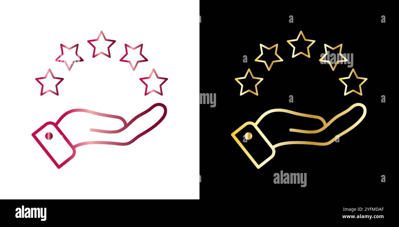 Customer review rating with 5 stars and thumb up feedback. Five star rating badge, review rating ...