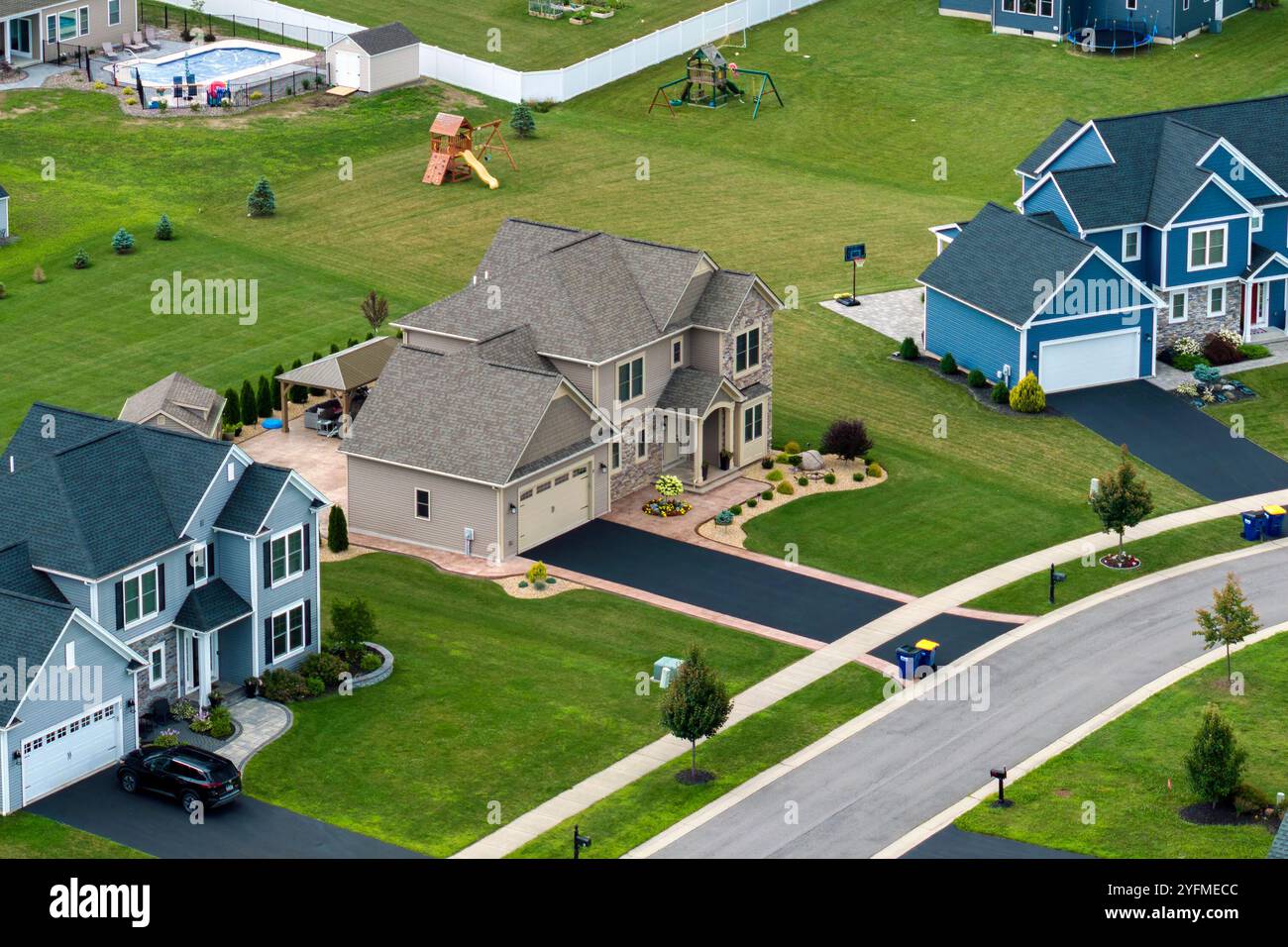 Aerial view of large private homes in Rochester, NY residential area ...