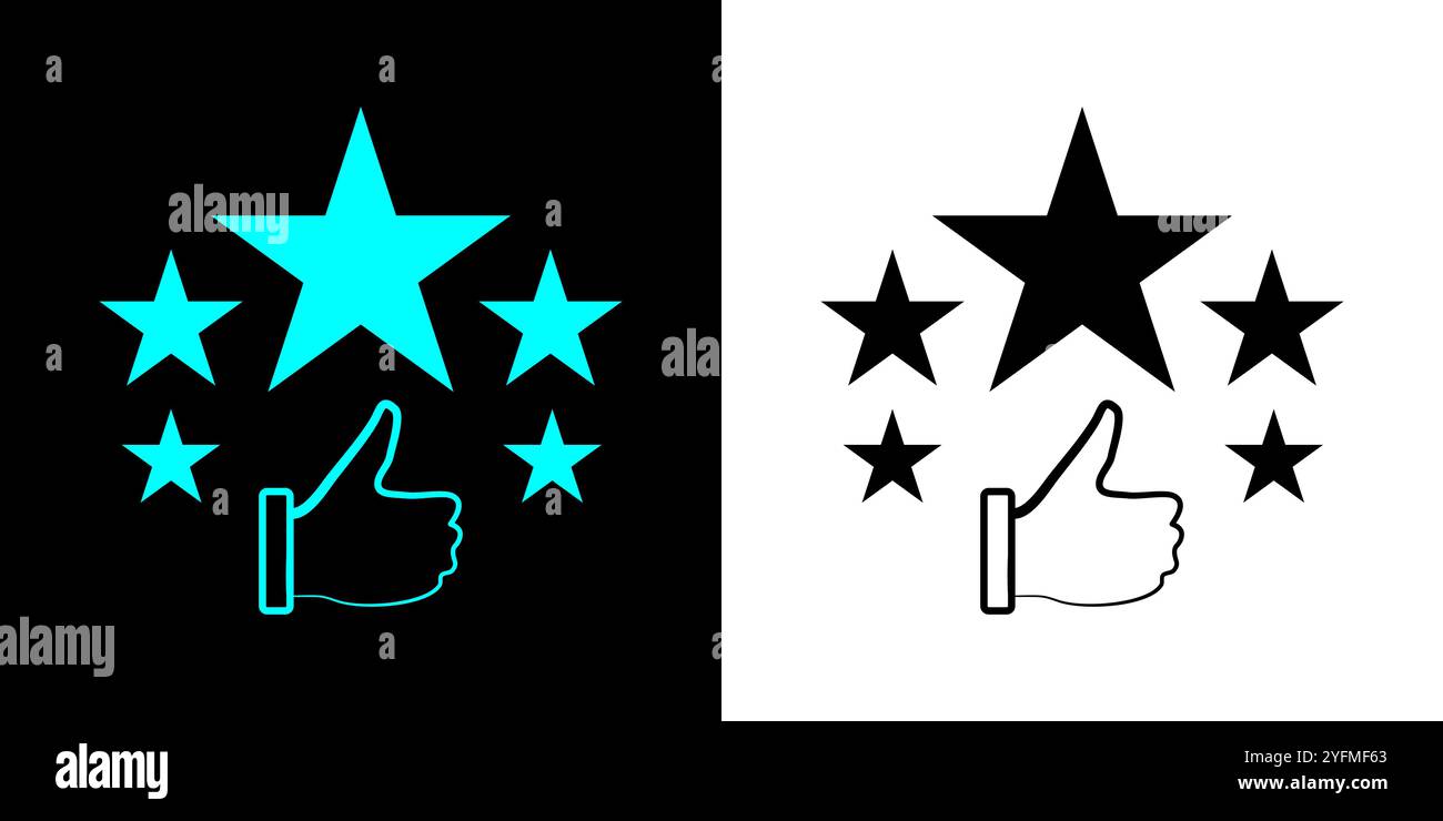 Customer review rating with 5 stars and thumb up feedback. Five star rating badge, review rating ...