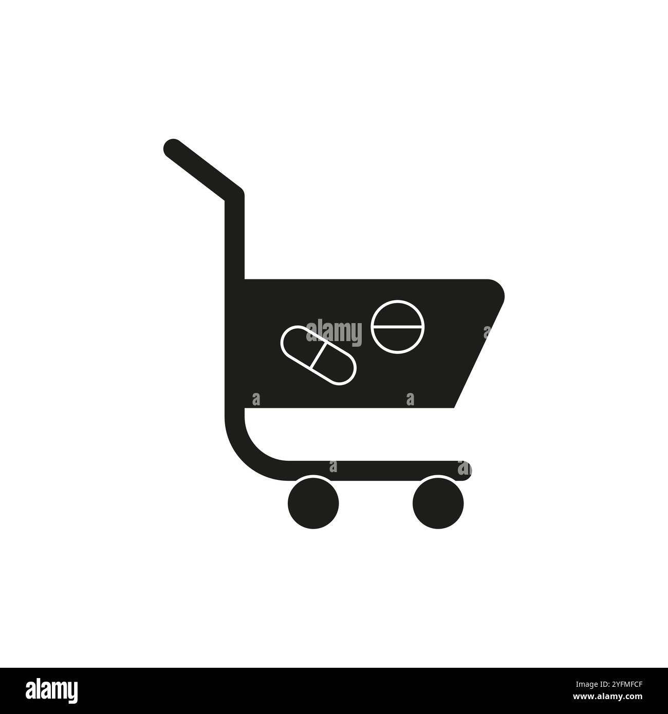 Shopping cart icon. Medicine symbol illustration. Black pill cart ...