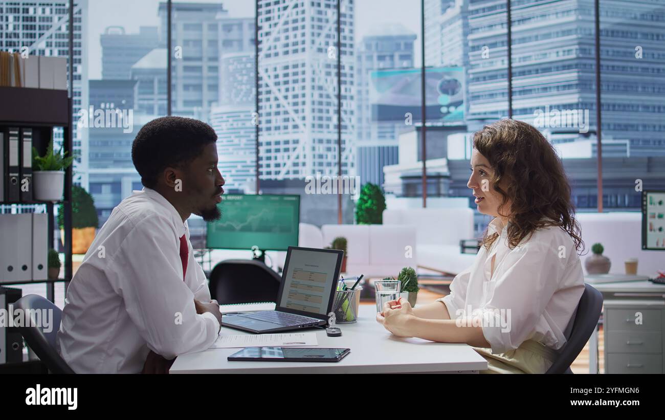 African american interviewer discussing with job offer candidate about ...