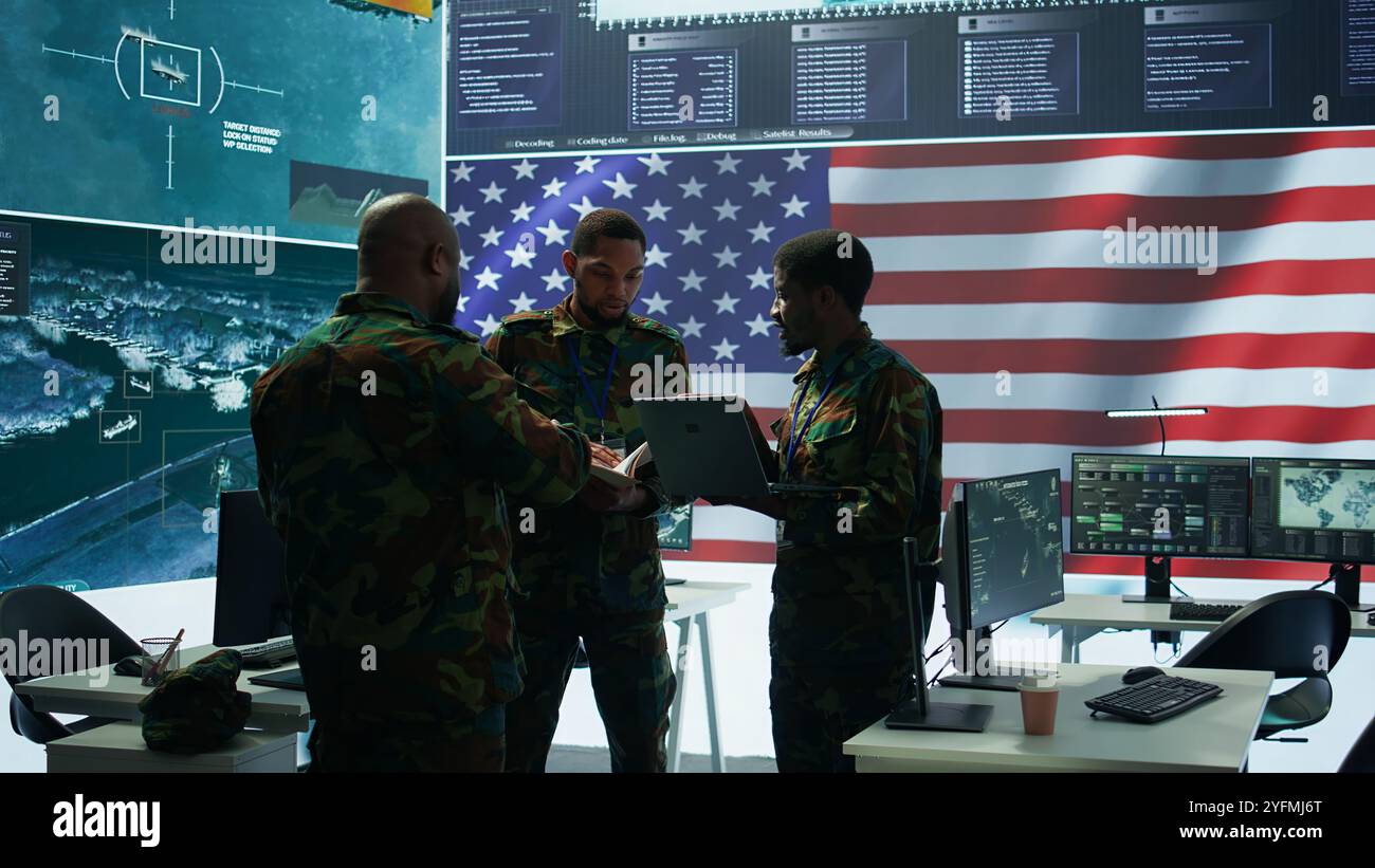 Government intelligence officers in control room manage surveillance ...